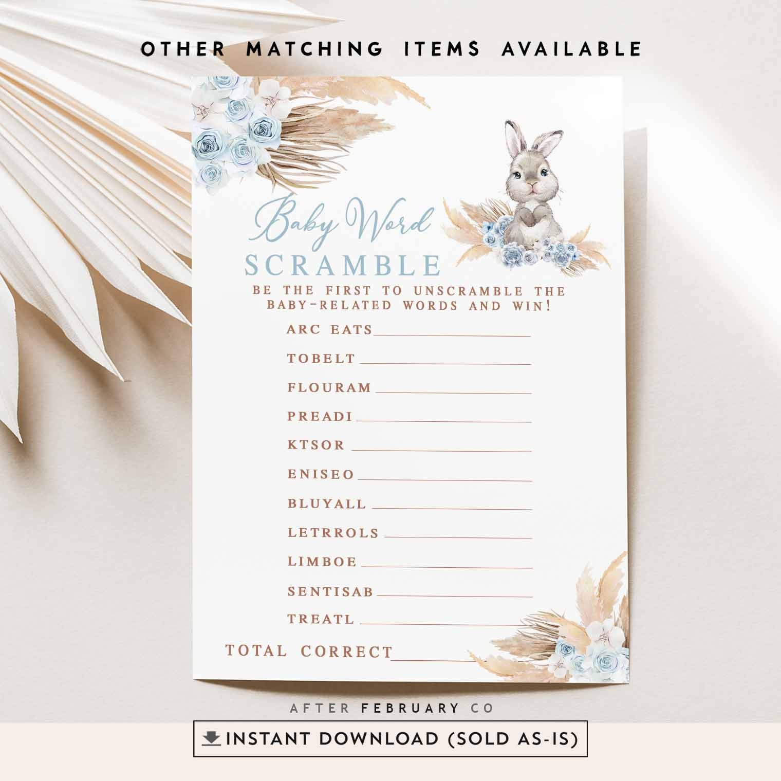 Bunny Blue Pampas Grass Boho Boy Bunny Rabbit Baby Word Scramble Game ...