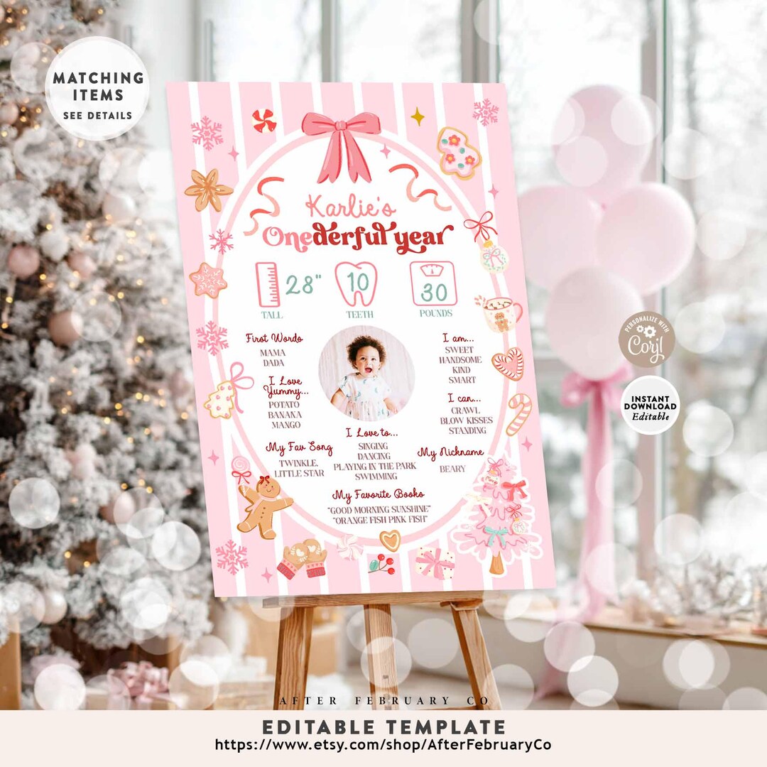 Pastel Christmas 1st Birthday Facts Milestone Sign: Pink Winter Ribbon ...