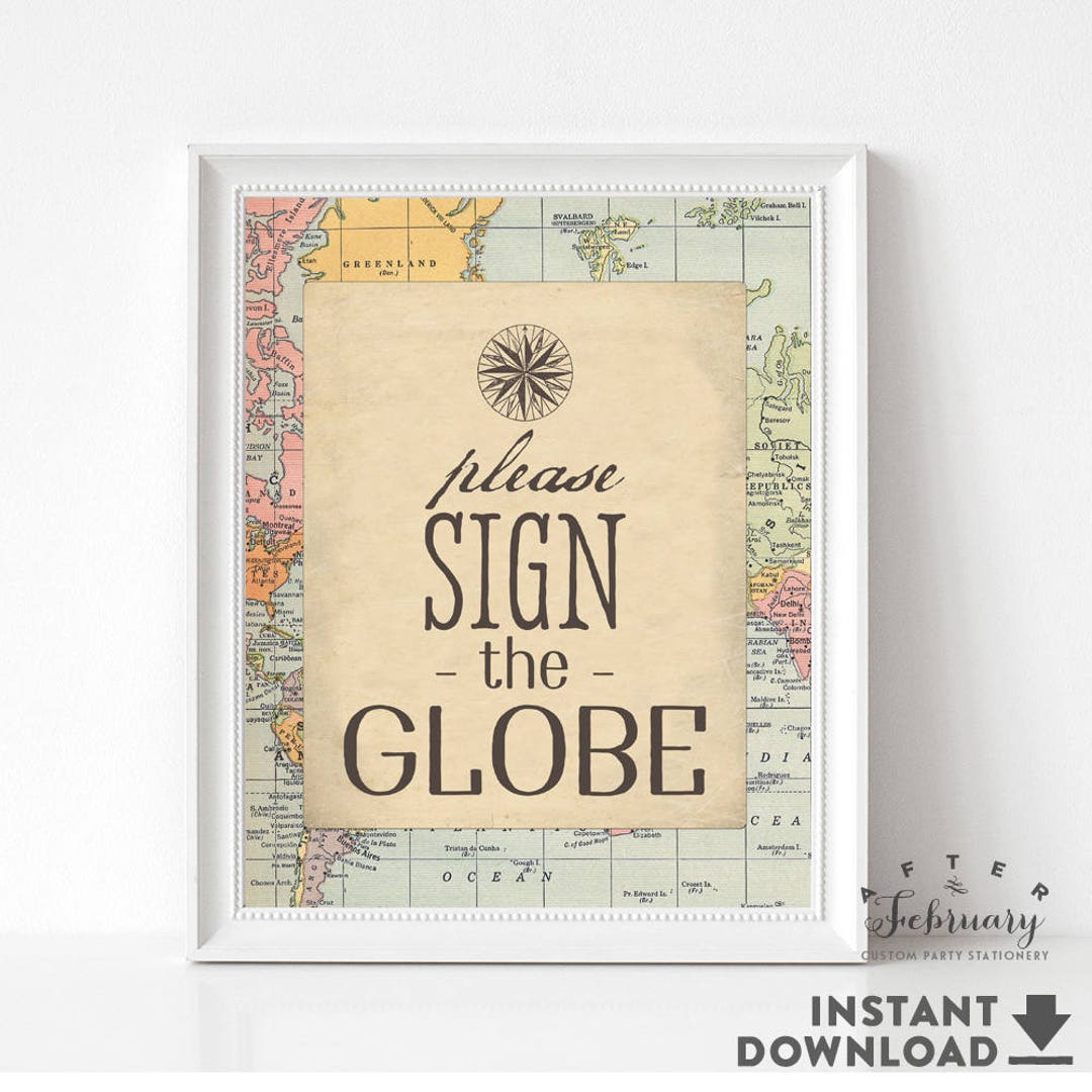 Please Sign the Globe Sign, Travel Compass Around the World Baby Shower ...