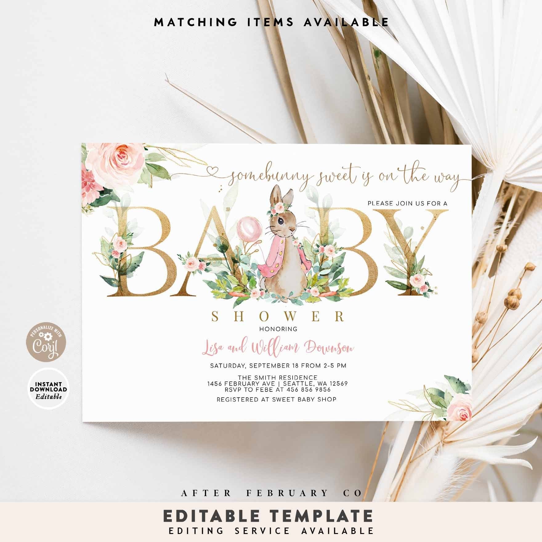 EDITABLE Greenery Flopsy Pink Peter Rabbit Some Bunny Sweet - Etsy