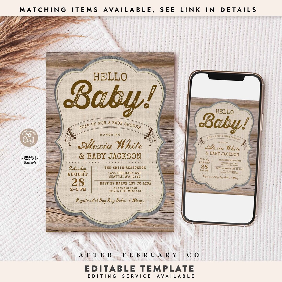 EDITABLE Rustic Baby Shower Hello Baby Wood Forest Cottage Vintage ...