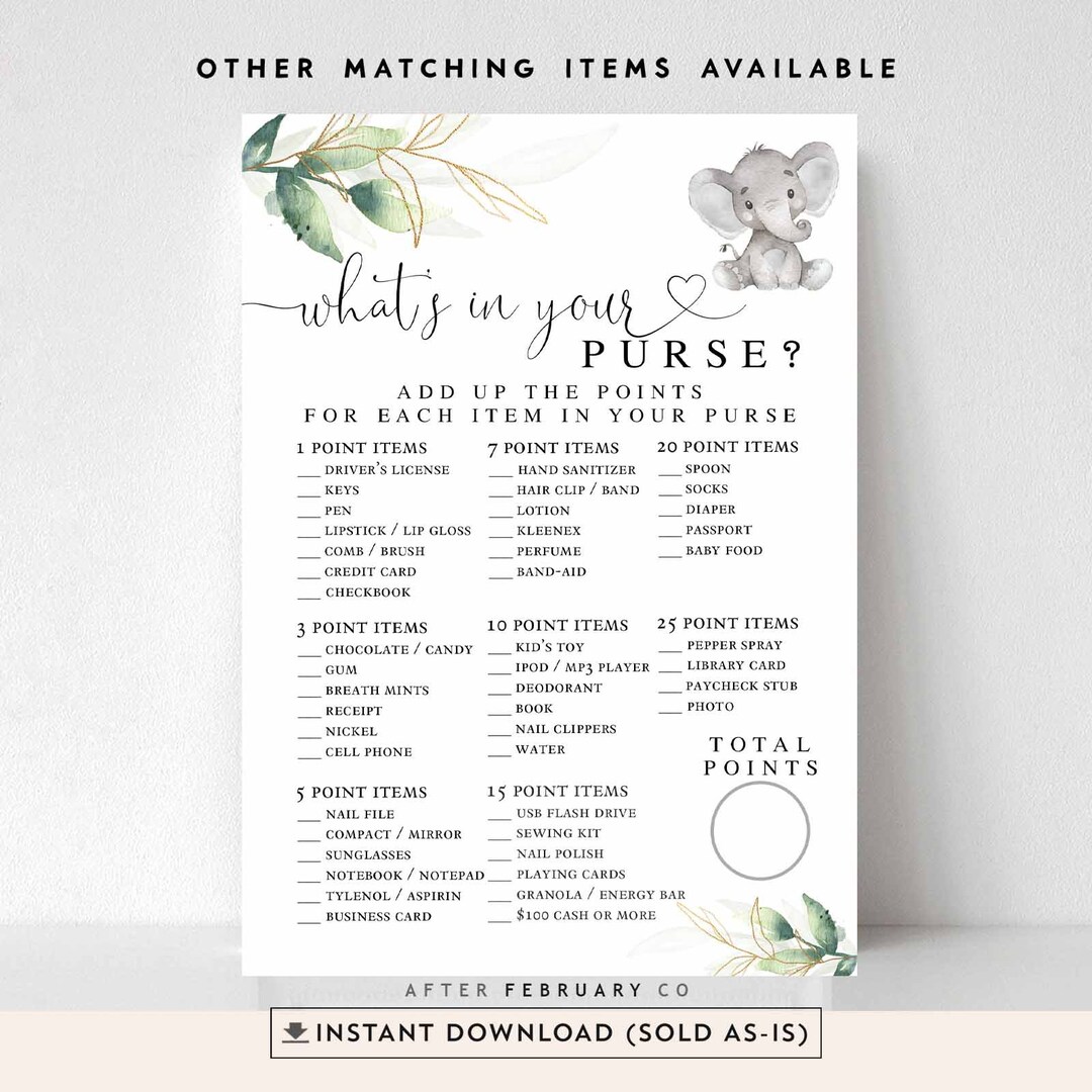 Greenery Gold Gender Neutral Elephant What's in Your Purse Game Little ...