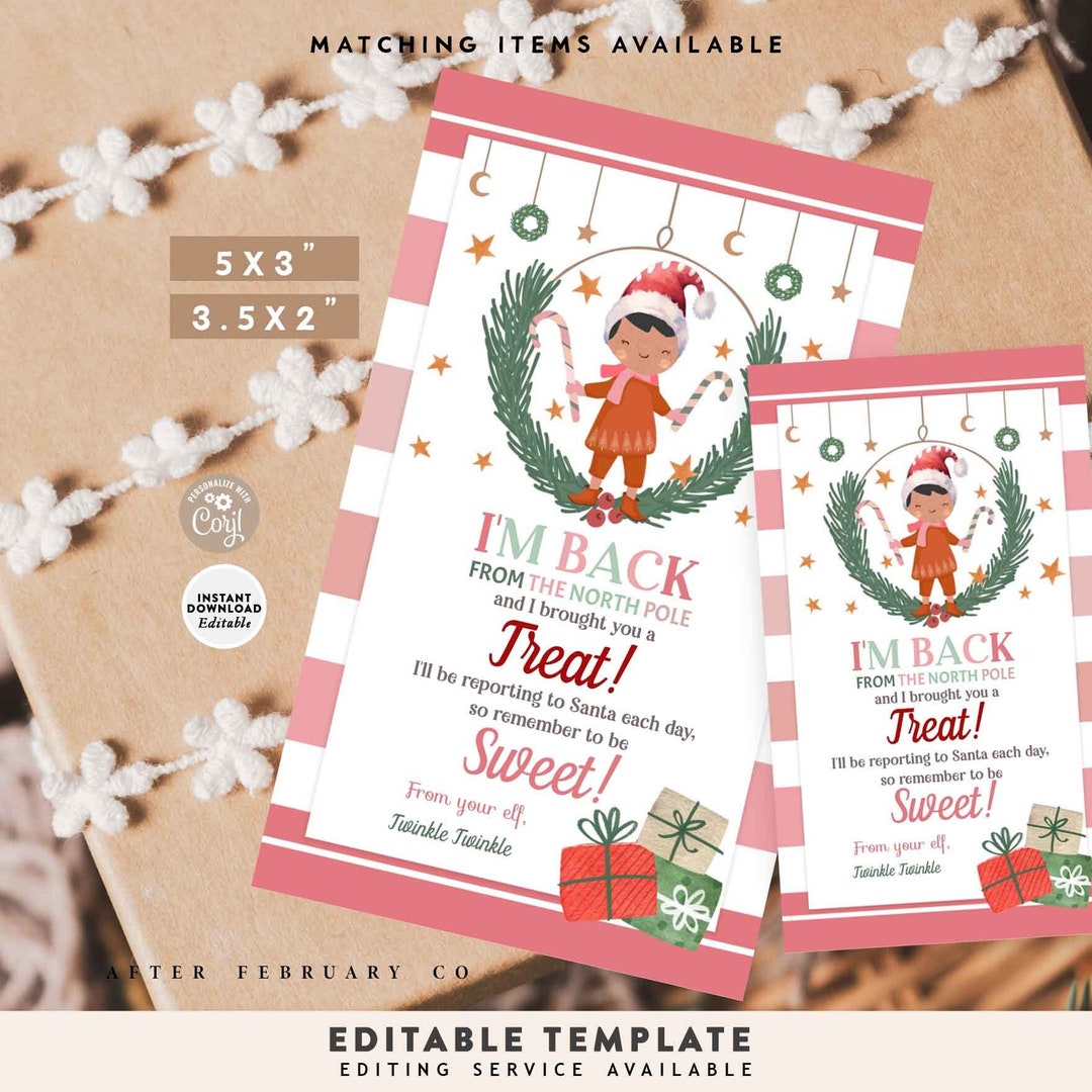 EDITABLE Girl Elf Hello Welcome Back I'm Back Elf Tags Pink Elf Return ...