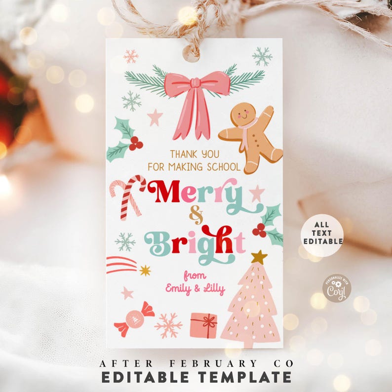 Christmas Teacher School Tag, Merry and Bright All Text Editable ...