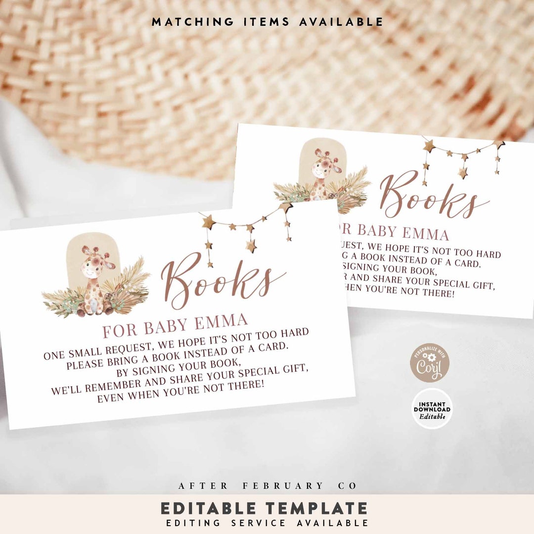 EDITABLE Boho Giraffe Books Insert Books for Baby Safari Animal Gender ...