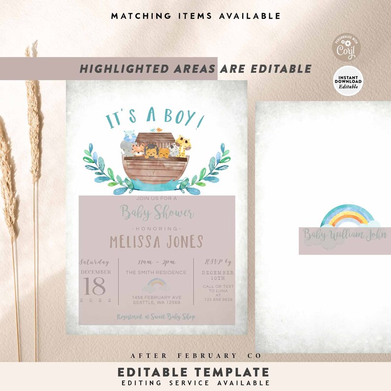 EDITABLE Noah's Ark Invitation Boy Baby Shower Sprinkle - Etsy