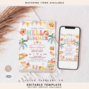 Editable End of School Beach Party Invitation Girly Hello Summer Beach ...