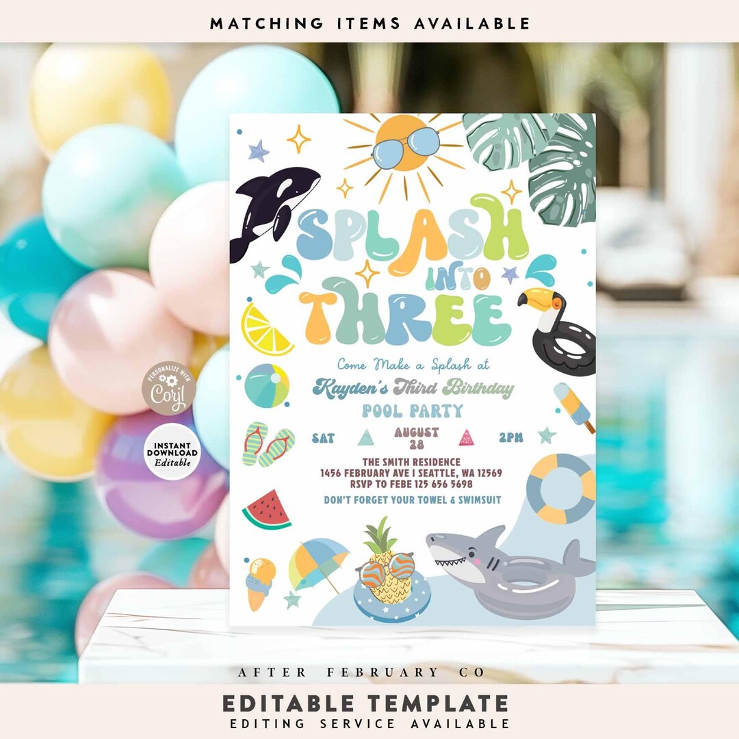 Editable Boy Splash Into THREE 3rd Birthday Pool Party Invitation Whale ...
