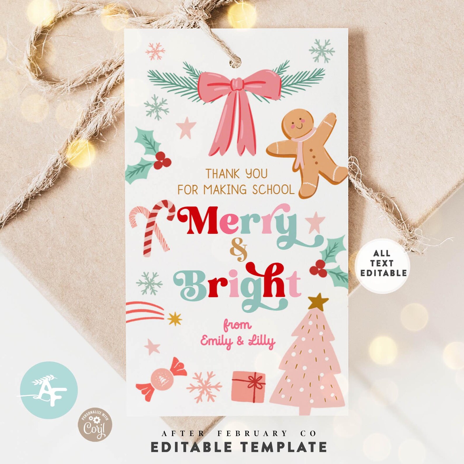 Christmas Teacher School Tag, Merry and Bright All Text Editable ...