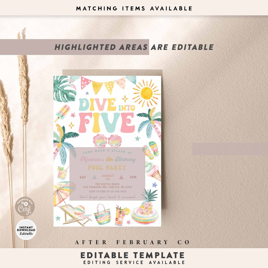Dive Into Five 5th Birthday Pool Party Invitation: Pink Swimming Invite ...