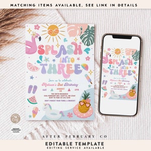 Splash Into Three 3rd Birthday Pool Party Invitation: Girly Swimming ...