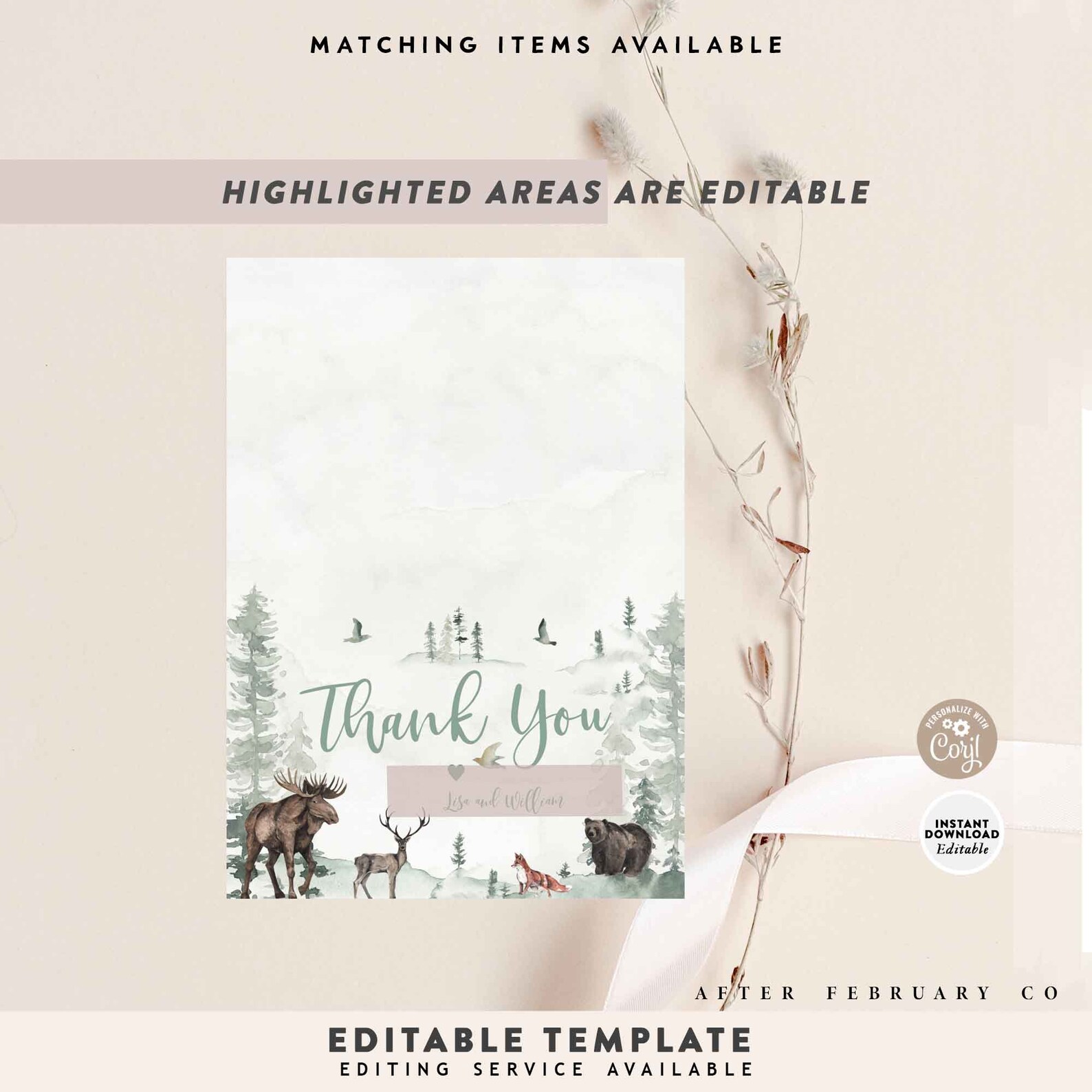 EDITABLE Woodland Forest Animals Folded Thank You Card Deer - Etsy