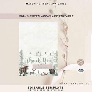EDITABLE Woodland Forest Animals Folded Thank You Card Deer Bear Fox ...