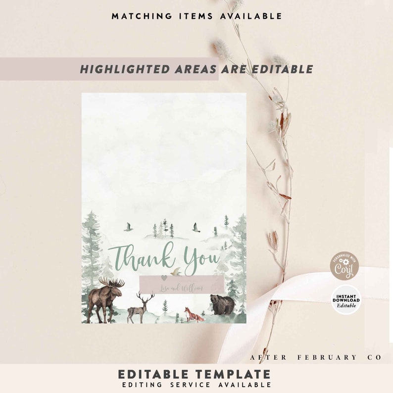 EDITABLE Woodland Forest Animals Folded Thank You Card Deer Bear Fox ...
