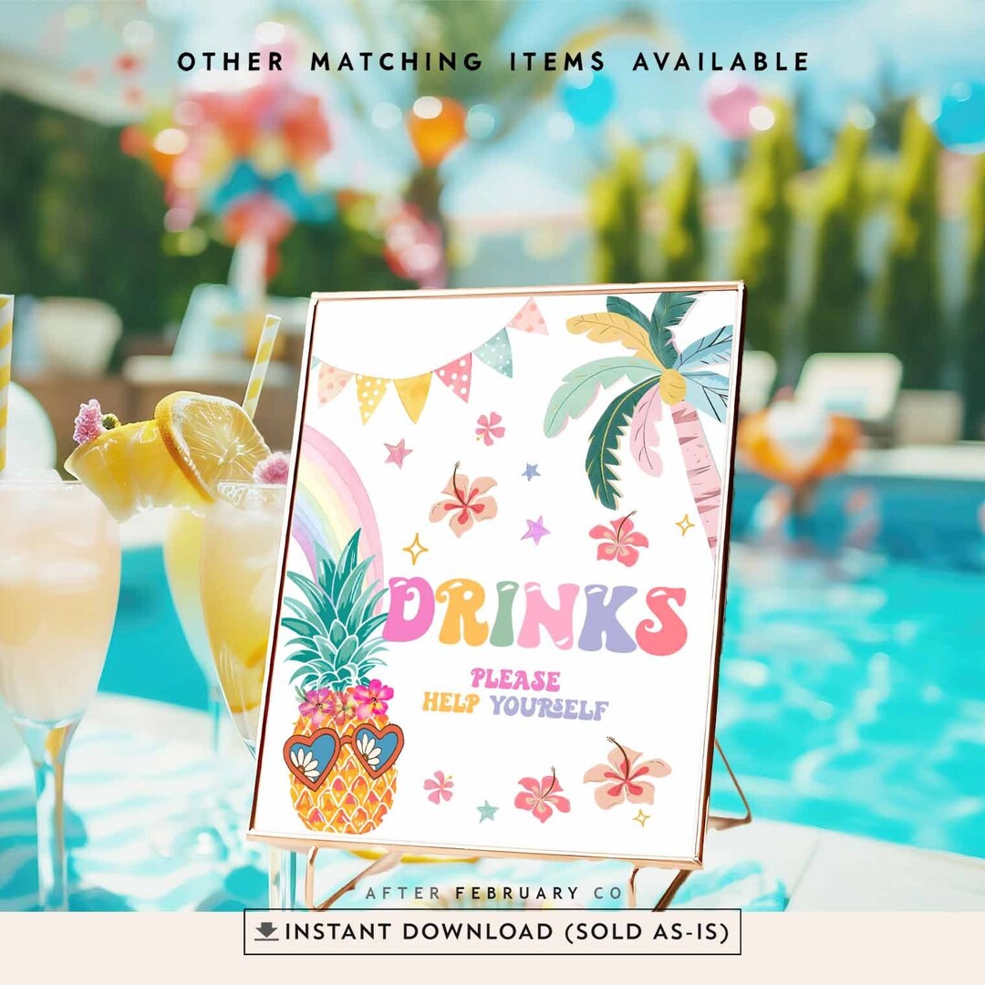 Pineapple Drinks Table Sign: Tropical Aloha Birthday Decor (instant ...