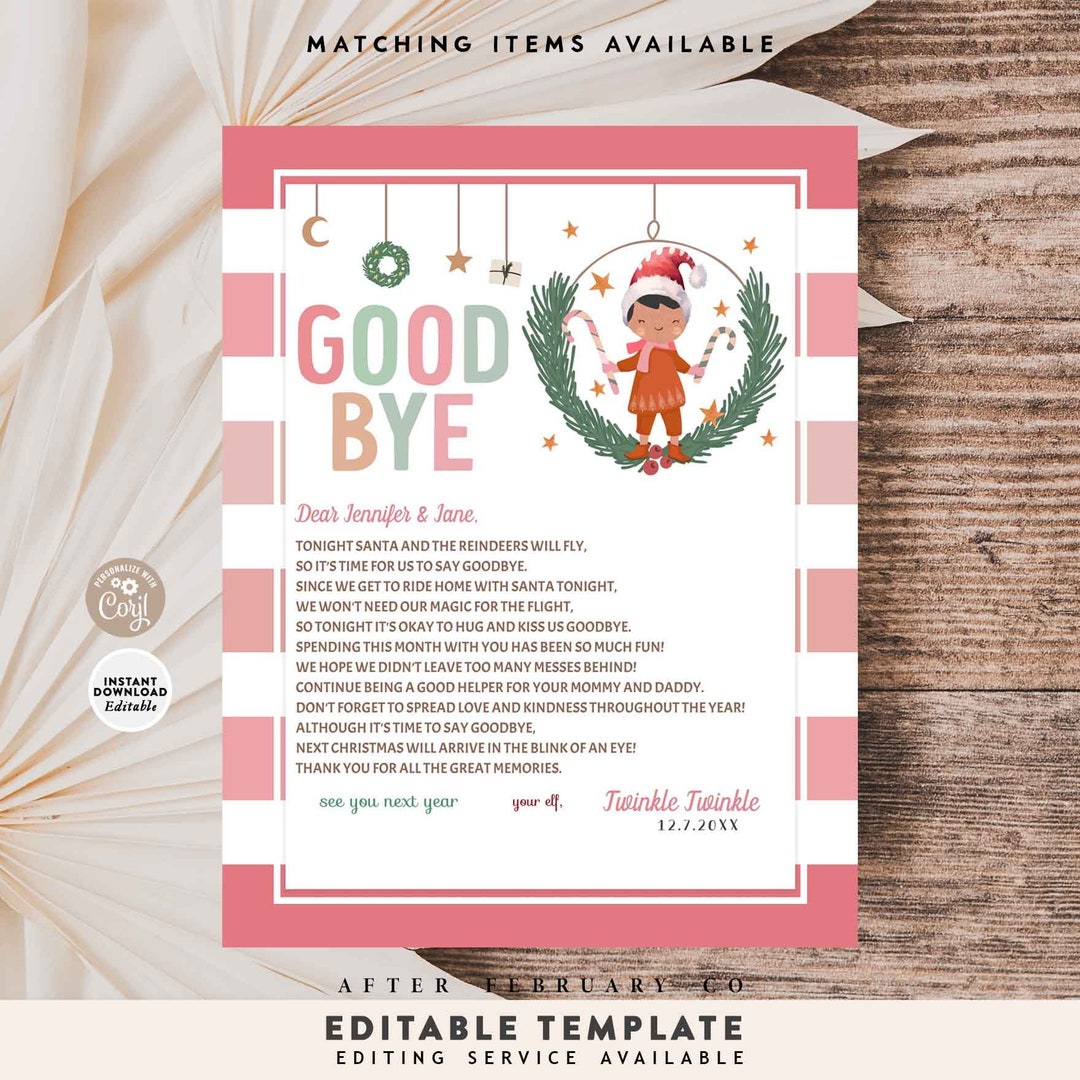 EDITABLE Girl Elf Good Bye for Now Bye Letter Modern Muted Pink Boho ...