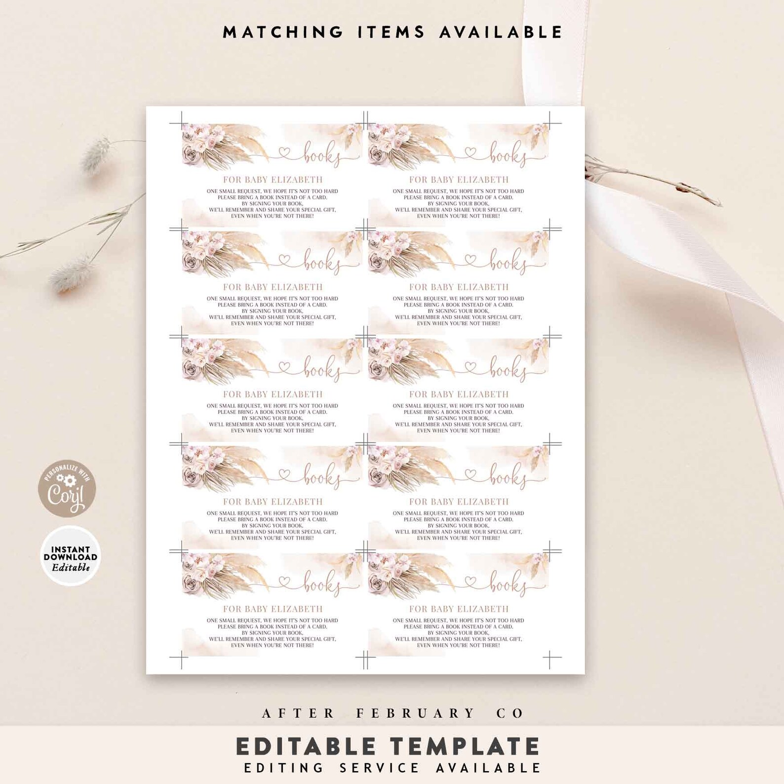 EDITABLE Pink Pampas Grass Boho Books for Baby Book Request Printable ...