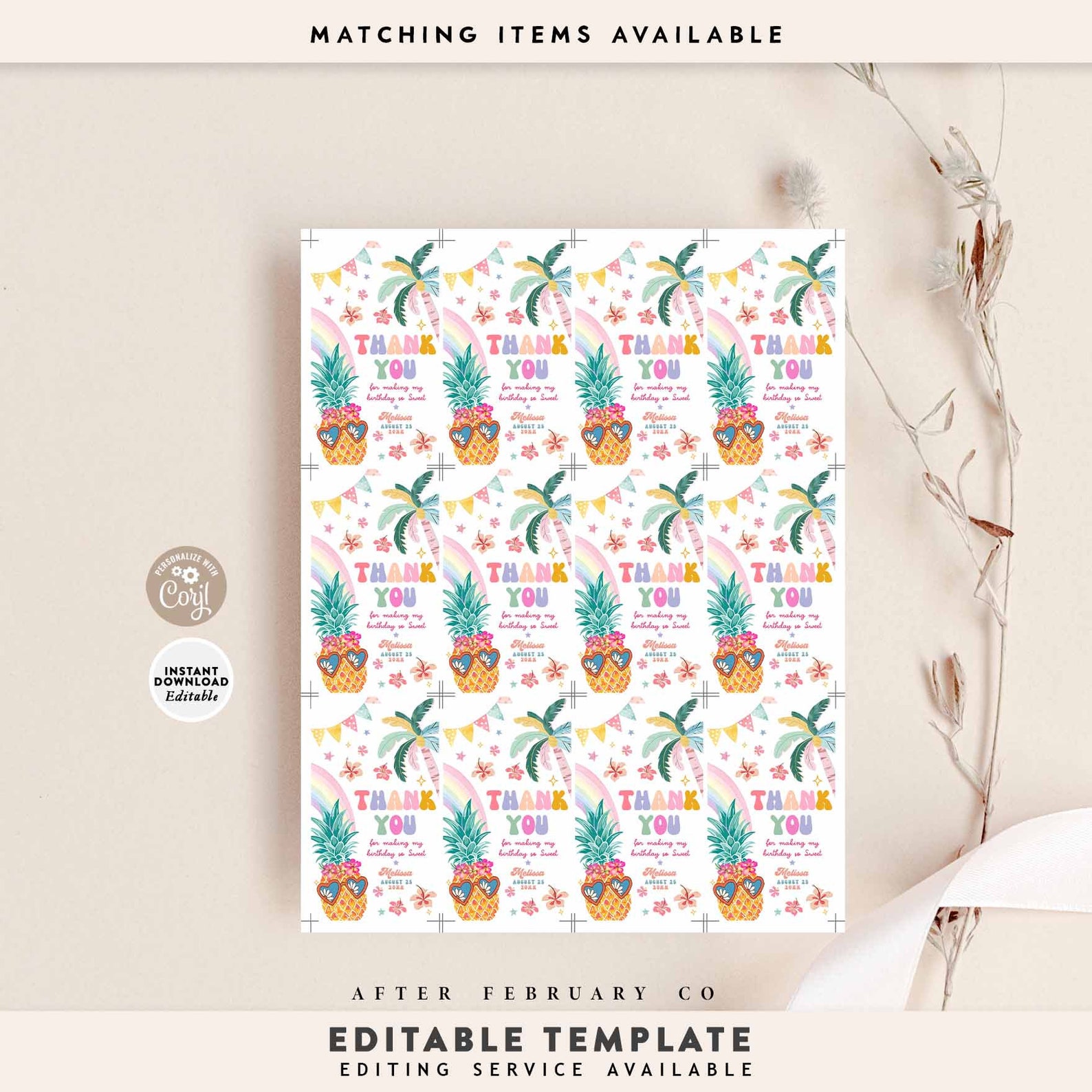 Editable Pineapple Tags Tropical Hawaiian Aloha Birthday Tag Printable ...