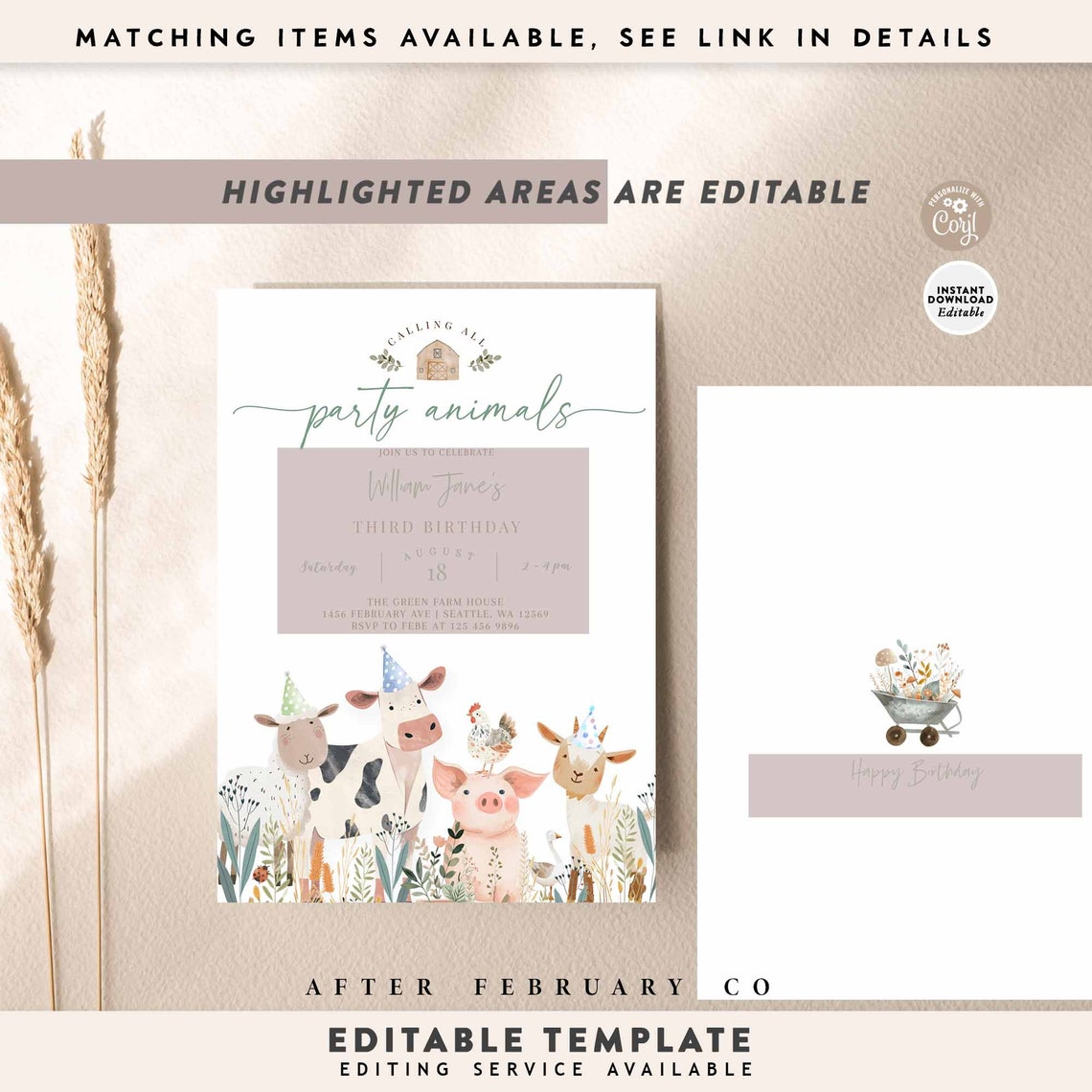 Editable Farm Animal Birthday Invitation Boho Boy Farm Calling All ...