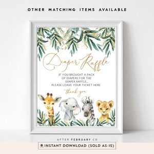 Safari Animals Diaper Raffle Sign Printable Greenery Gold Gender ...