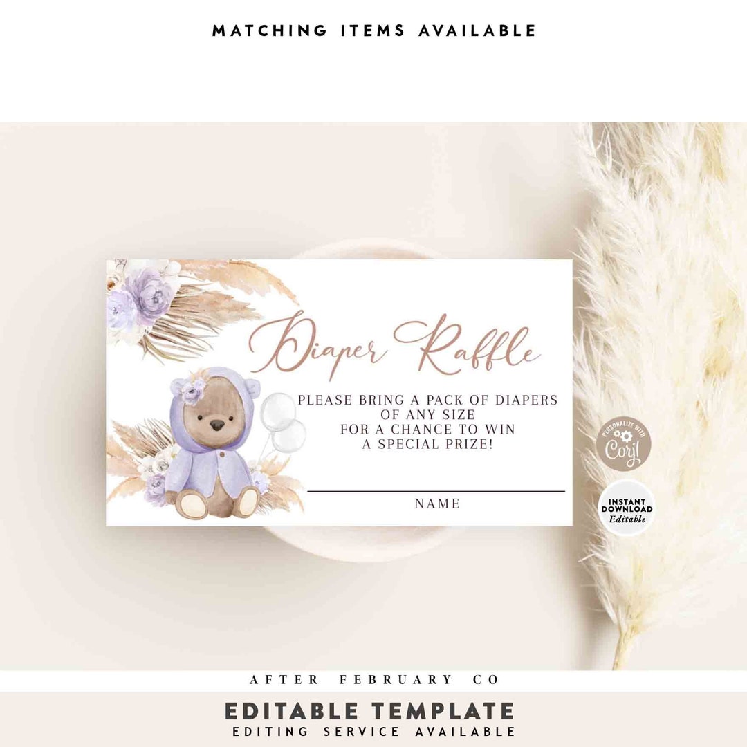 EDITABLE Lavender Purple Boho Teddy Bear Diaper Raffle Ticket Printable ...