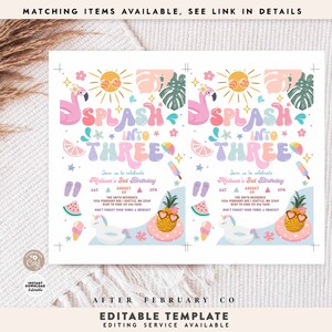 Splash Into Three 3rd Birthday Pool Party Invitation: Girly Swimming ...
