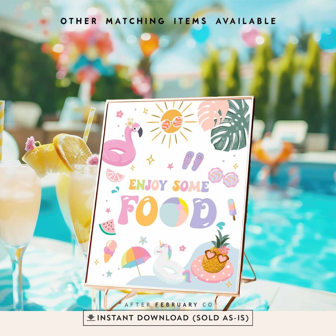 Girl Pool Splash Enjoy Some Food Table Sign Pool Birthday Summer Party ...