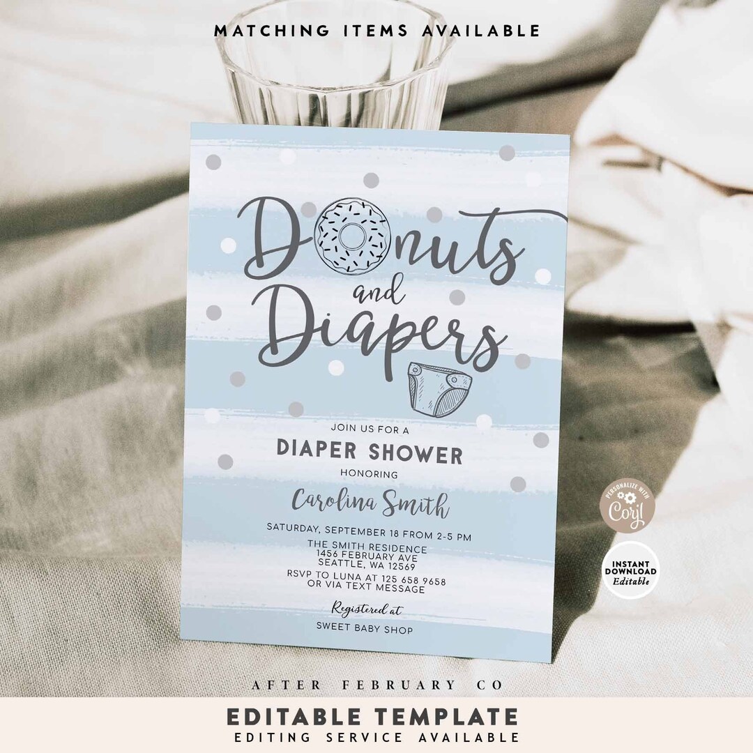 Editable Donuts and Diaper Shower Invitation Boy Baby Blue Stripes Co ...