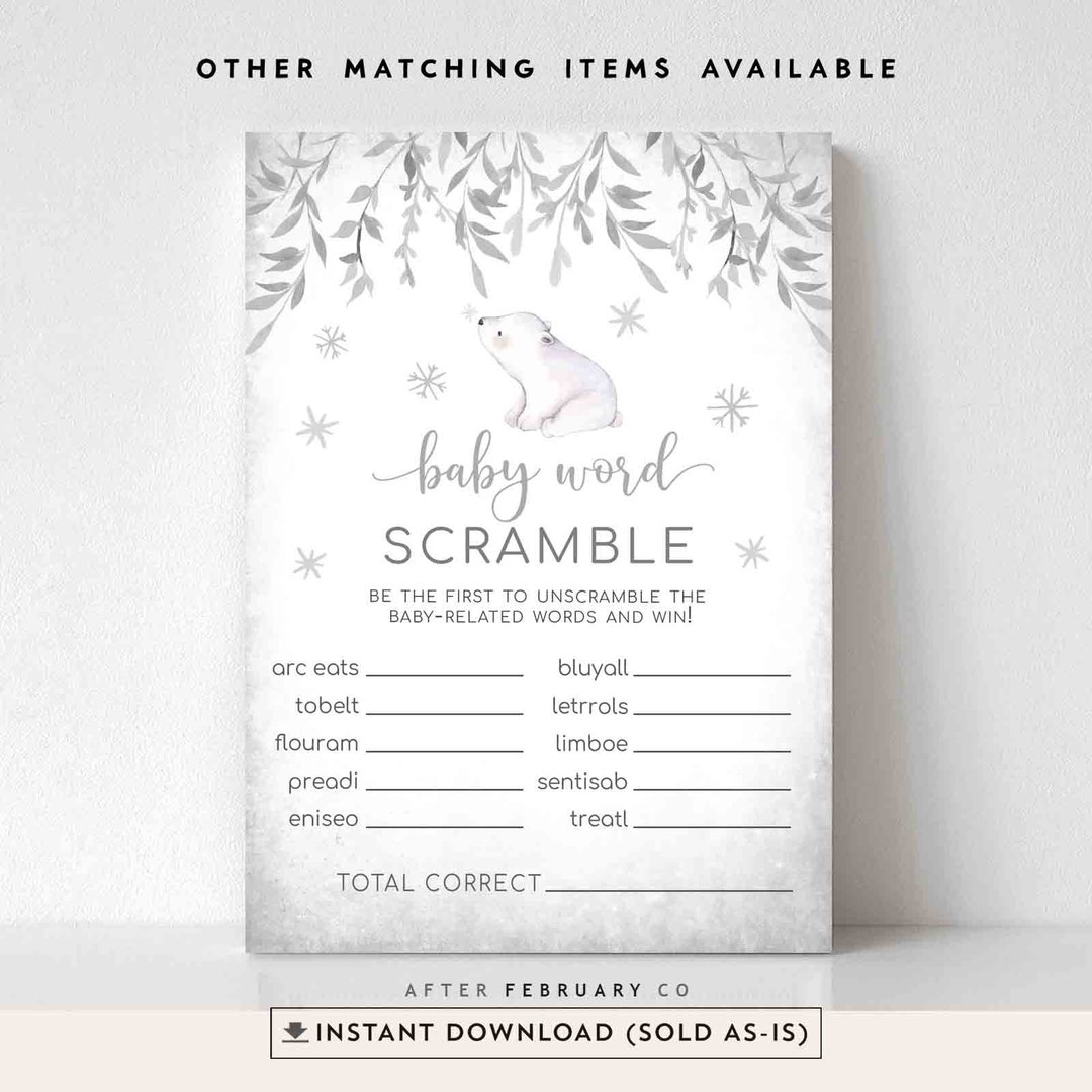 Winter Polar Bear Baby Shower Games Baby Word Scramble Game Gender ...