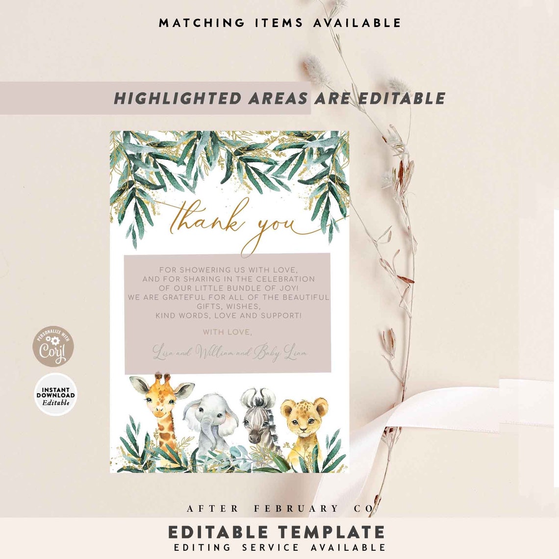 EDITABLE Safari Baby Shower Thank You Flat Note Card Gender - Etsy