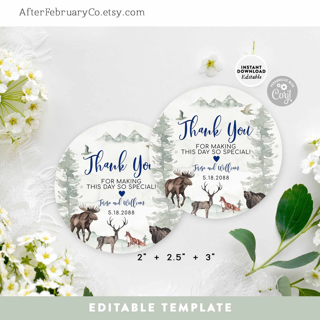 EDITABLE Woodland Forest Animals Folded Thank You Round Tag Sticker ...