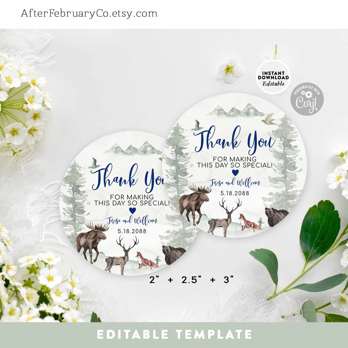 EDITABLE Woodland Forest Animals Folded Thank You Round Tag - Etsy