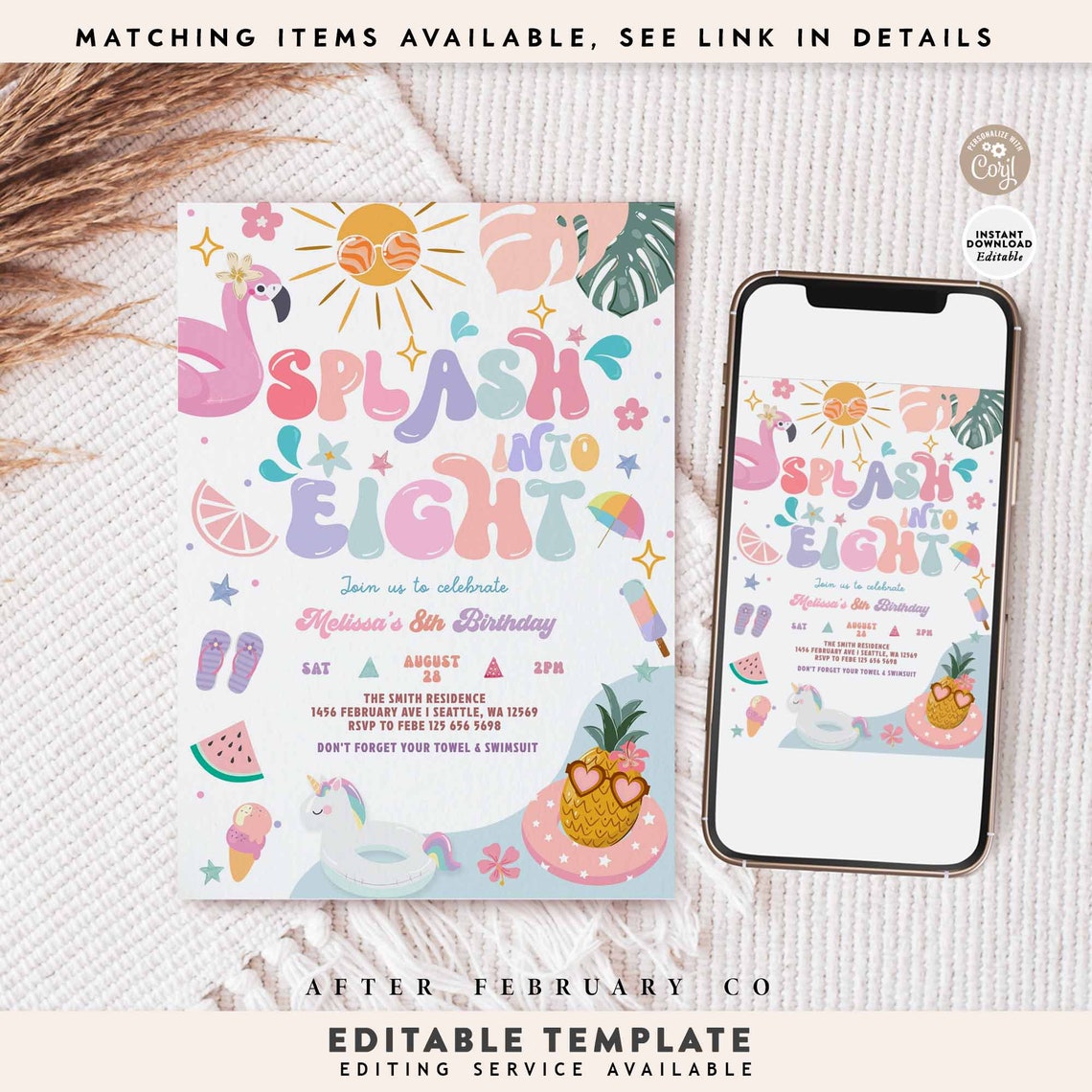 Splash Into Eight 8th Birthday Pool Party Invitation: Summer Swimming ...
