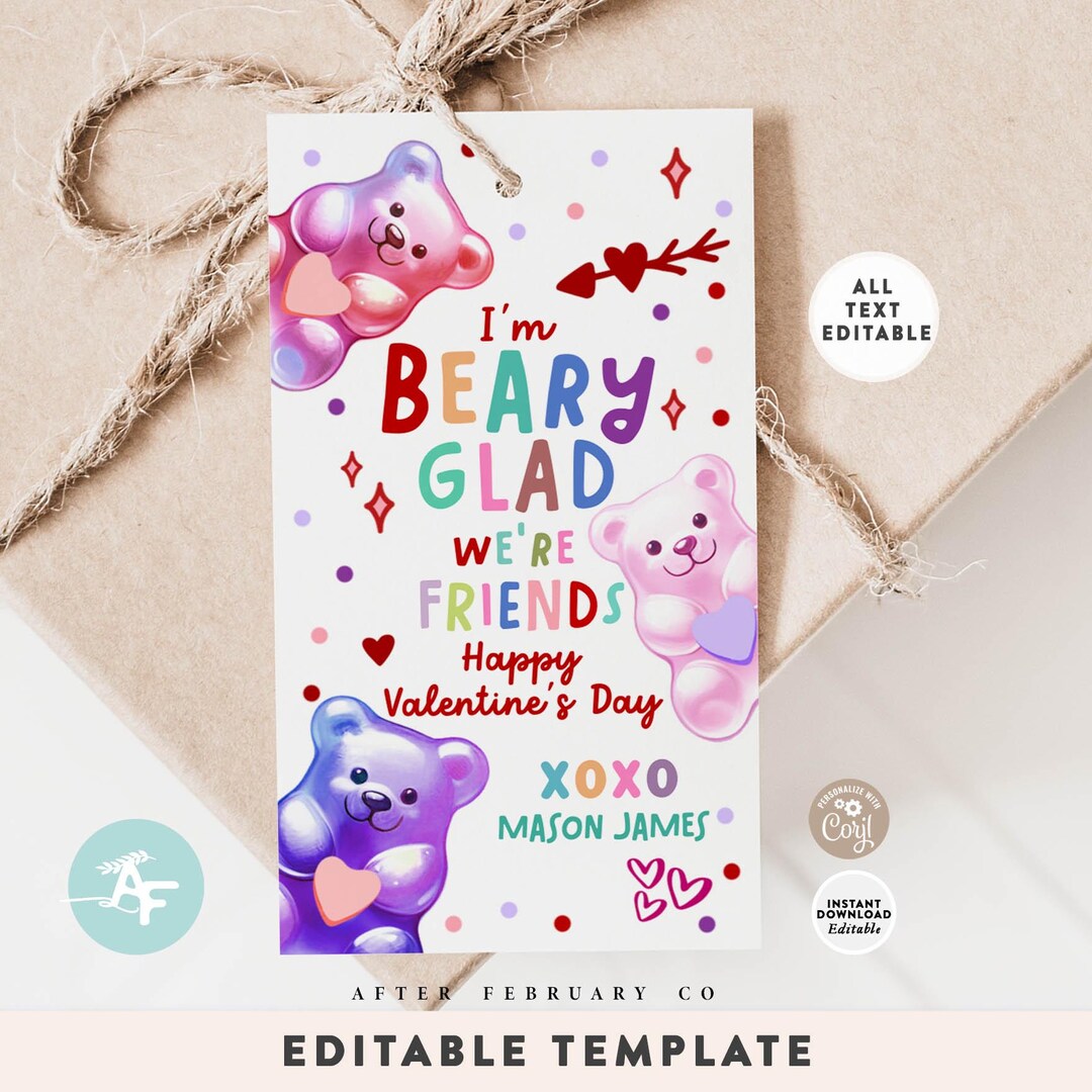 Valentine Gummy Bear Tag: Beary Glad Friends Valentine's Day Gift Tag ...