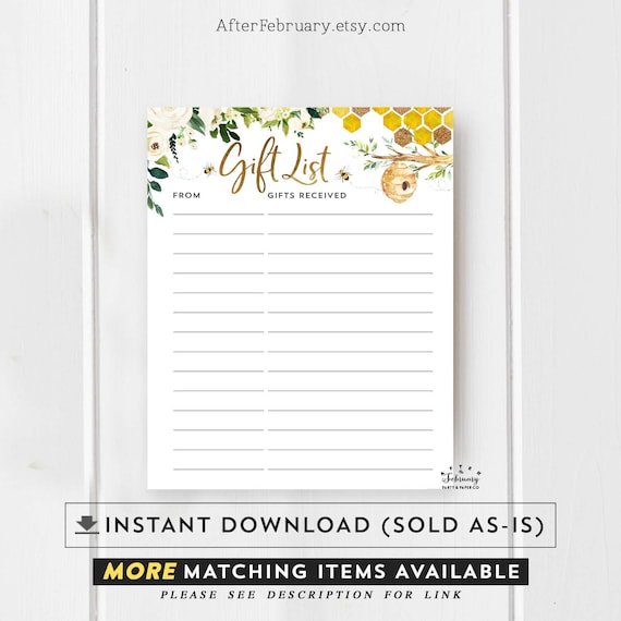 Bee Gift List Printable Baby Shower Gold Yellow Wedding White | Etsy
