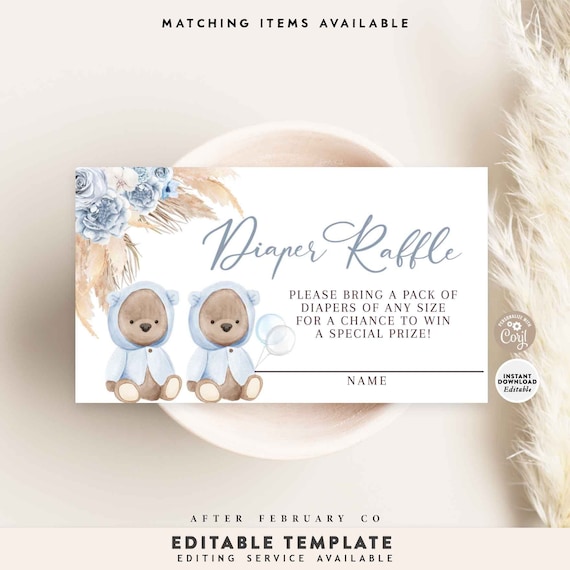 EDITABLE Twin Boys Boho Teddy Bear Diaper Raffle Ticket | Etsy