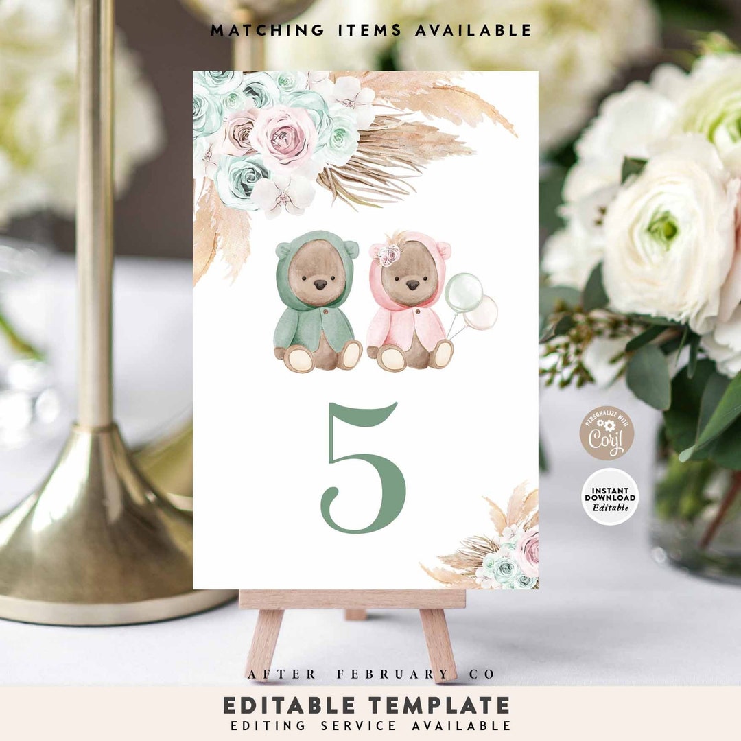 EDITABLE Pampas Grass Twin Boy Girl Boho Bear Table Number Baby Shower ...
