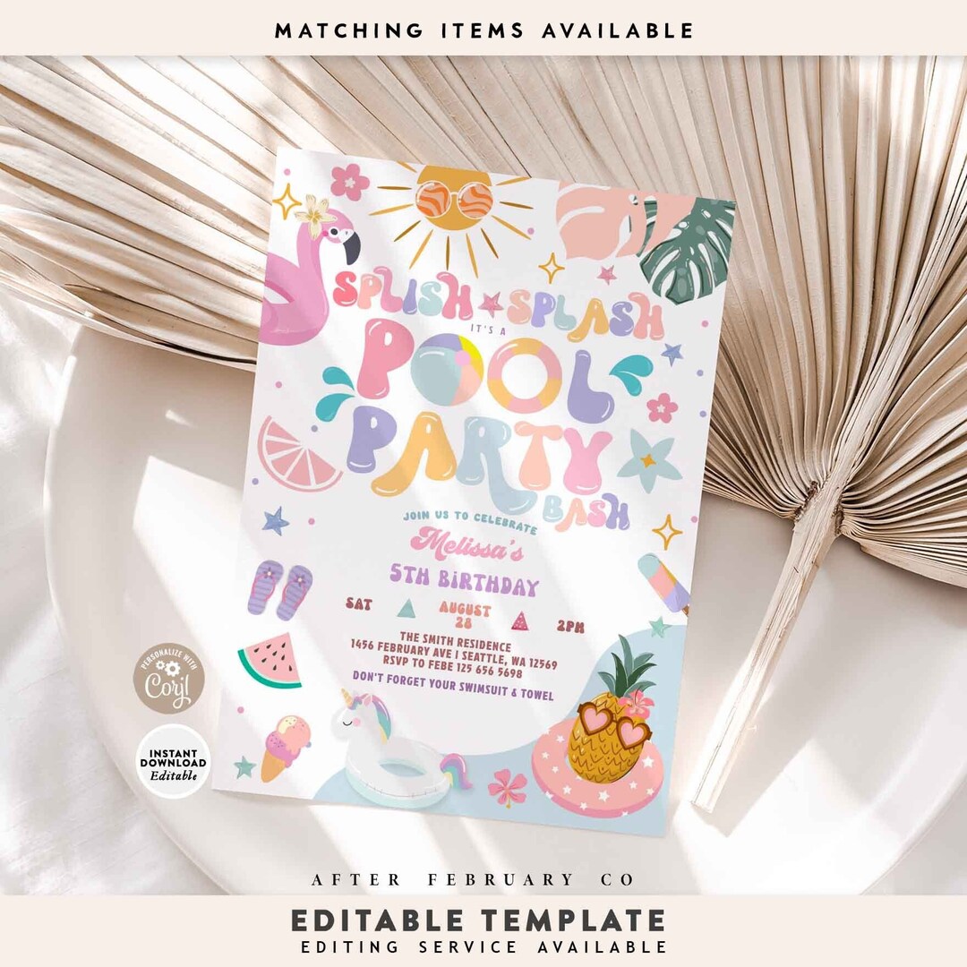 Editable Splish Splash Pool Party Invitation Tropical Girly Summer ...