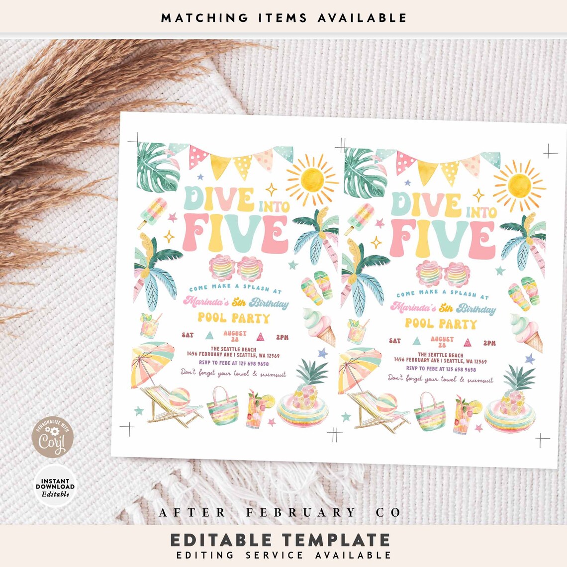 Dive Into Five 5th Birthday Pool Party Invitation: Pink Swimming Invite ...