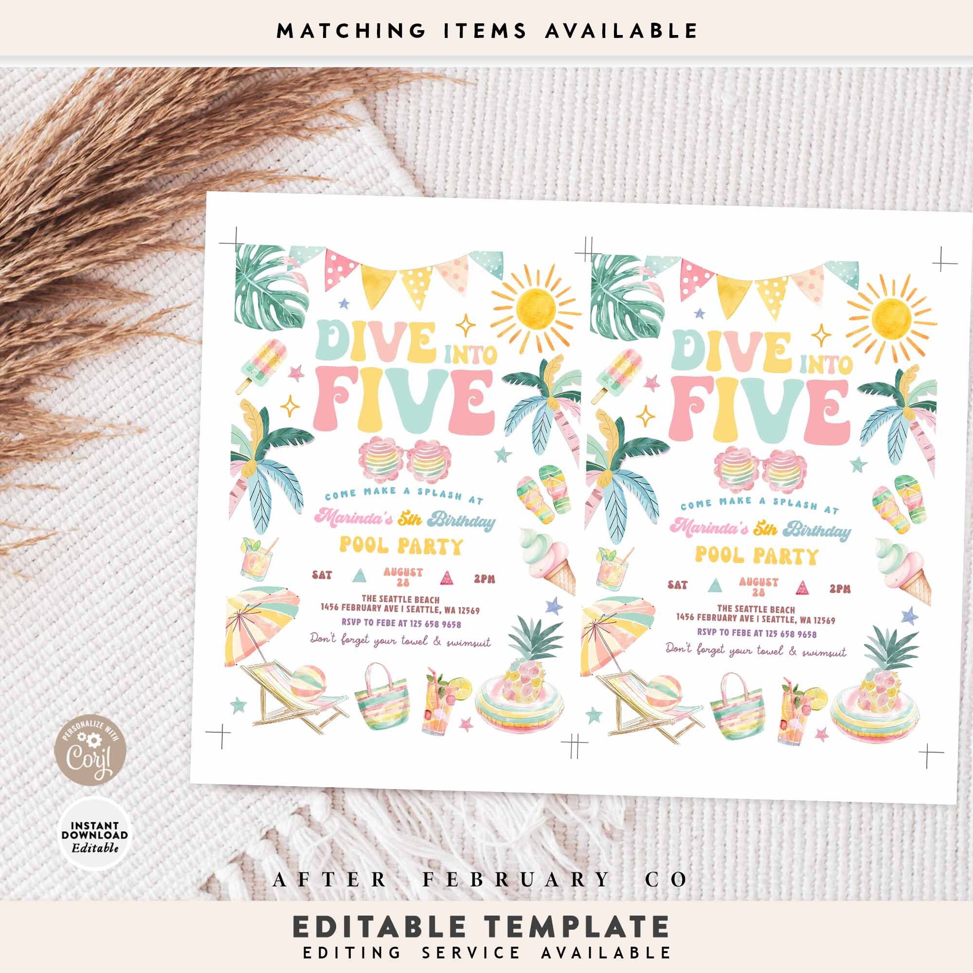 Dive Into Five 5th Birthday Pool Party Invitation: Pink Swimming Invite ...
