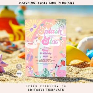 Pastel Rainbow Splash Into SIX 6th Birthday Pool Party Invitation ...