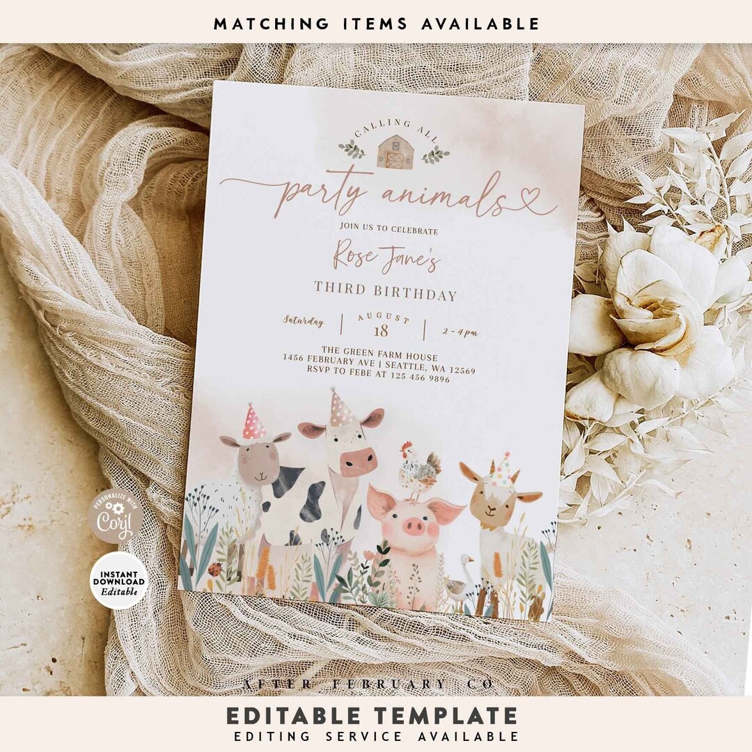 Editable Farm Animal Birthday Invitation Boho Girl Farm Calling All ...