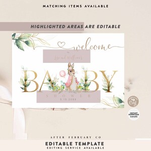 EDITABLE Greenery Flopsy Pink Peter Rabbit Baby Shower Welcome Yard ...