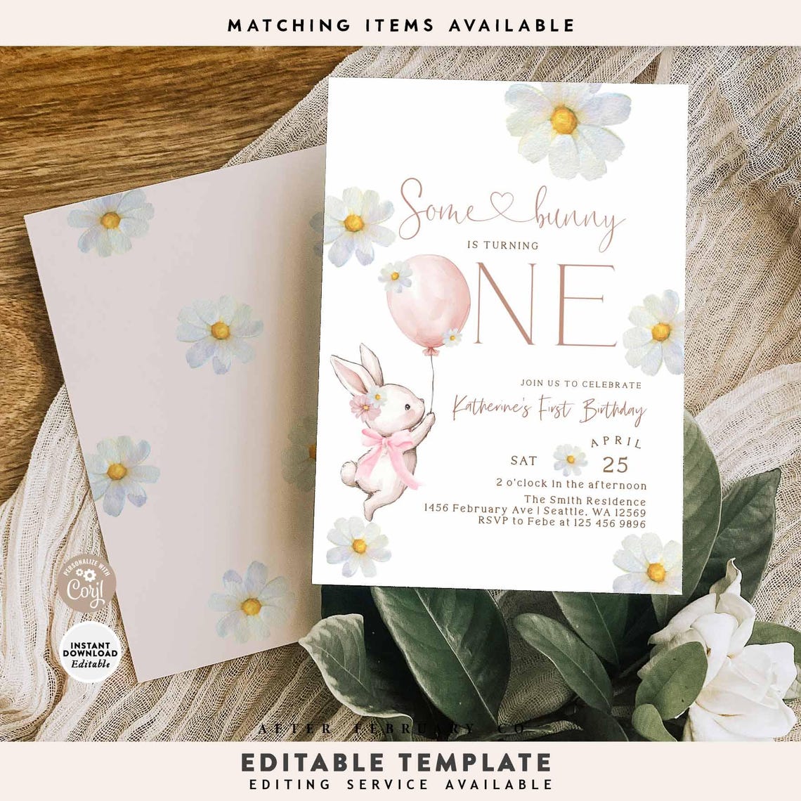 Editable Somebunny Turn One First 1st Birthday Invitation: Pink Daisy ...