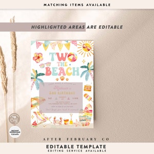 Editable TWO the Beach Party 2nd Birthday Invitation Girly Summer ...