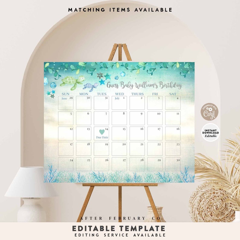 EDITABLE Boy Sea Turtle Boy Due Date Calendar Printable Mint - Etsy