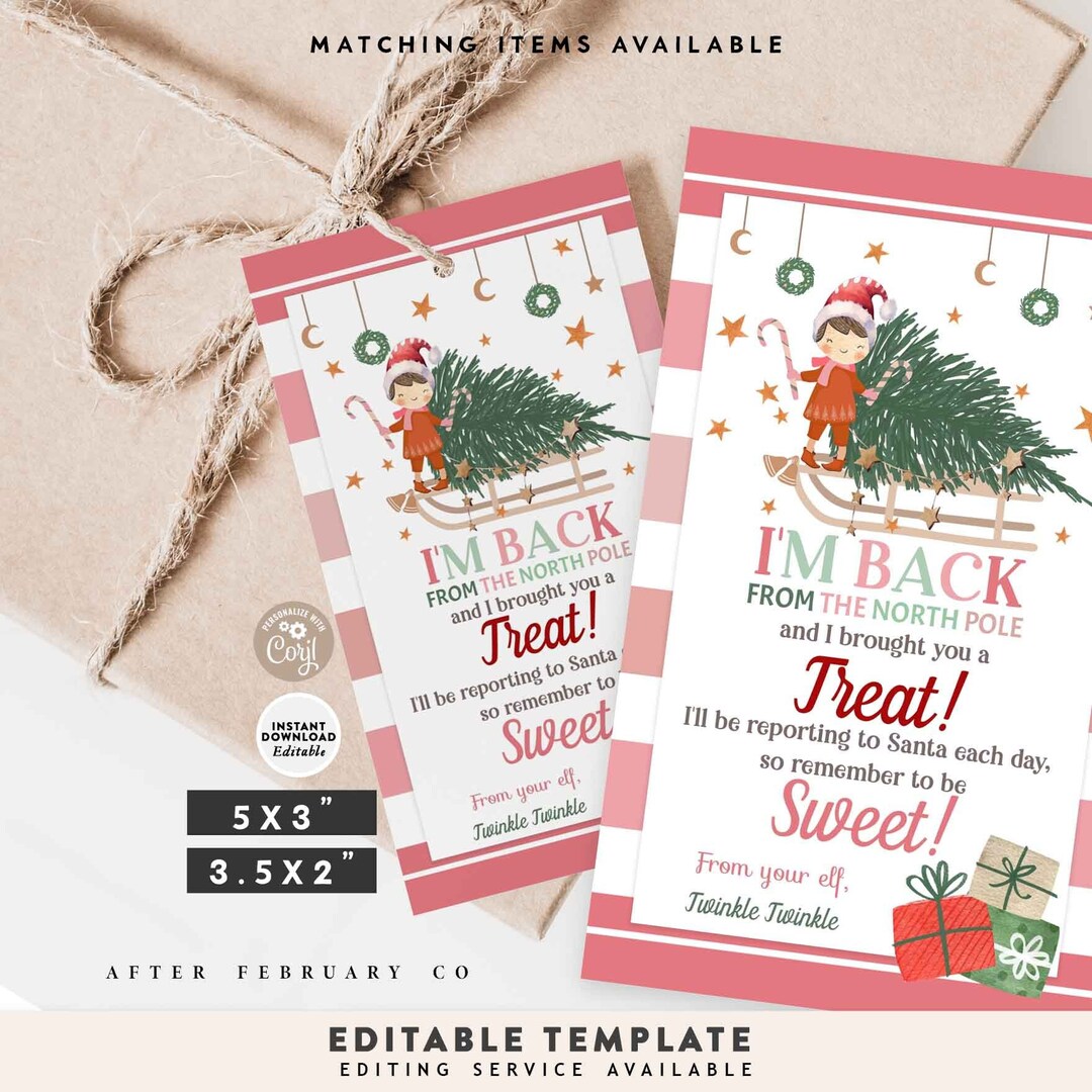 EDITABLE Girl Elf Hello Welcome Back I'm Back Elf Tags Pink Elf Return ...