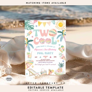 Editable TWO COOL 2nd Birthday Pool Beach Party Invitation Girly Pink ...