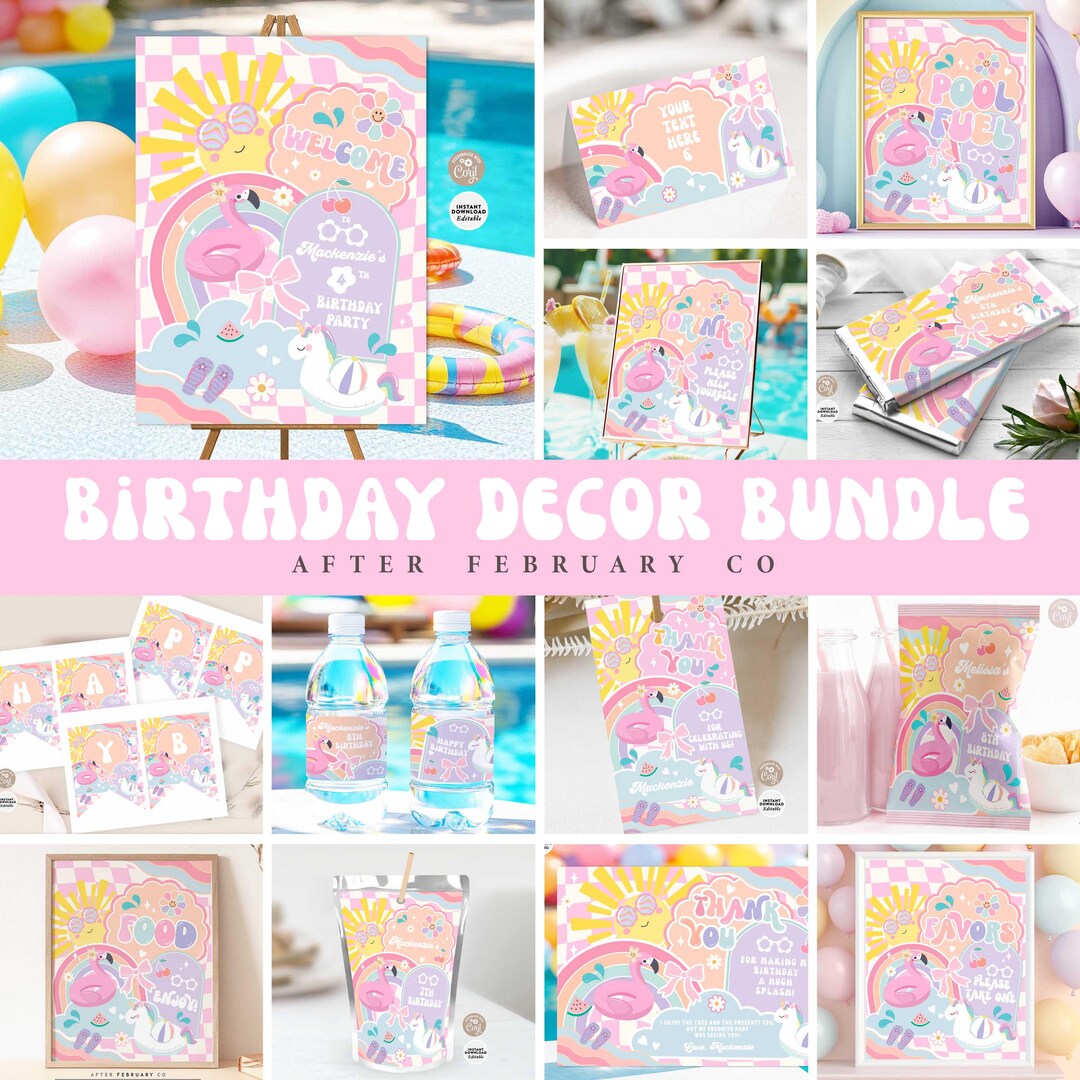 Set of 13 | Preppy Groovy Beach Pool Party Decor Bundle: Signs, Tags ...