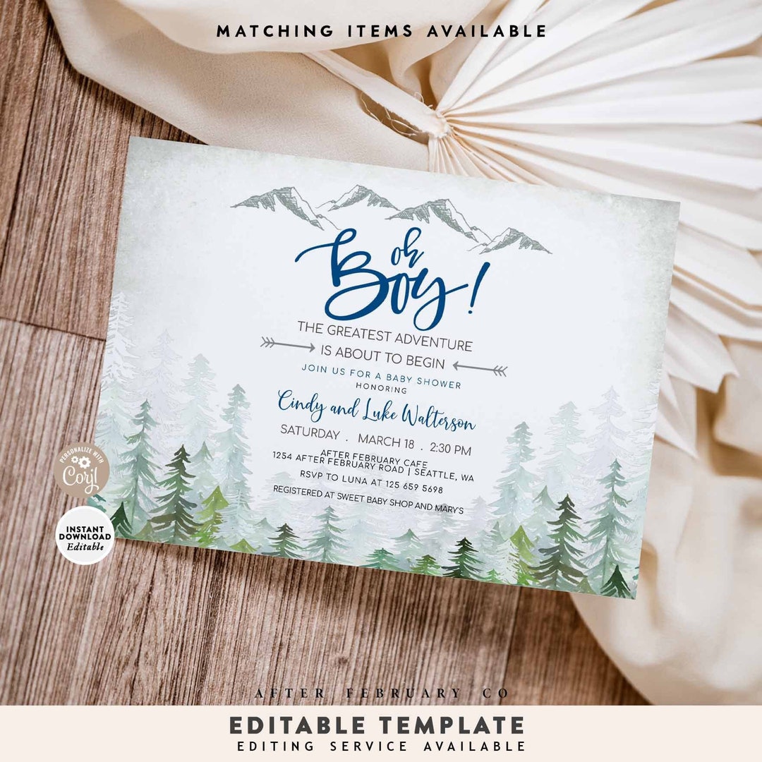 Editable Adventure Baby Shower Invitation Oh Boy Forest Blue Green ...